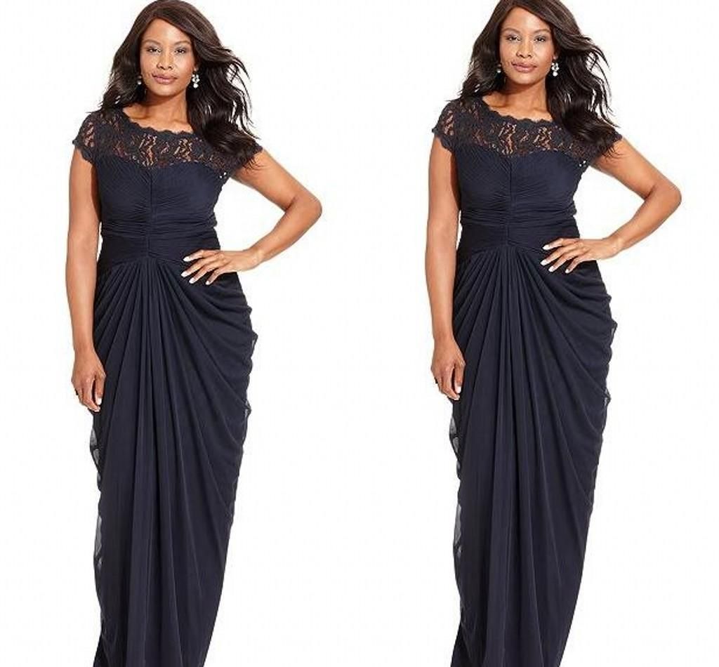 2016 Navy Blue Lace Chiffon Evening Dress Wear Sheer Jewel Floor Length