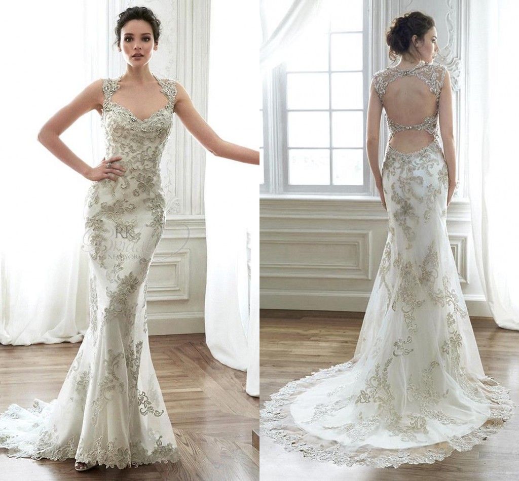 Elegant Scoop Neck Lace Mermaid Wedding Dresses 2016 With Bling Beaded