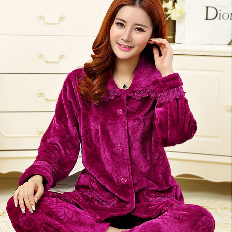 2017 2016 New Coral Fleece Women Warm Winter Pajamas Spring Flannel