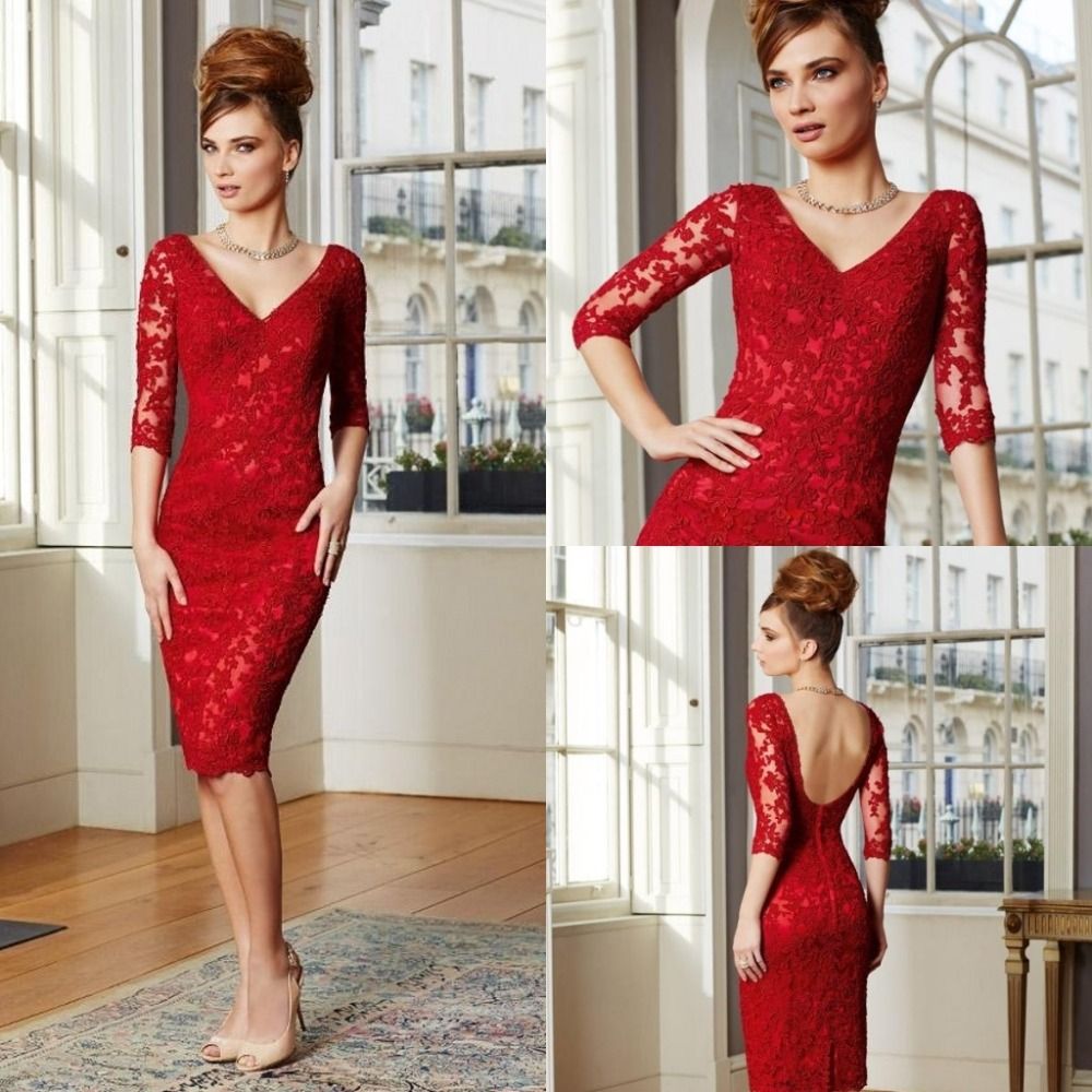 New 2015 Sexy Red Tea Length Mother Bride Lace Dresses 3 4 Long Sleeves