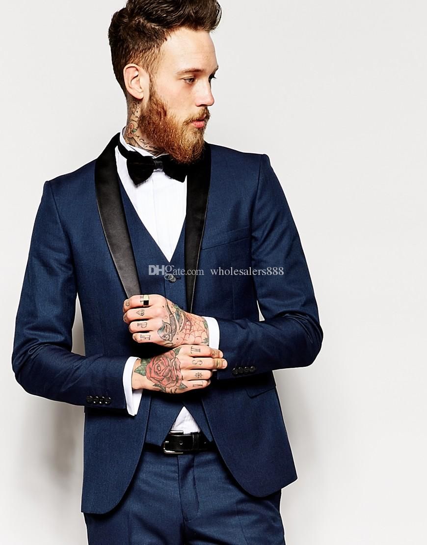 Side Vent Slim Fit Groom Tuxedos Shawl Collar Mens Suit Navy Blue