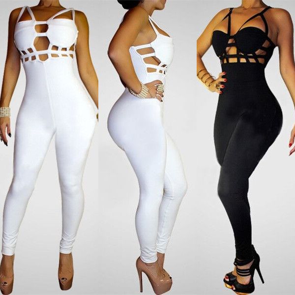 2017 Hottest Strappy Bandage Bodycon Jumpsuit Solid Black White Hollow