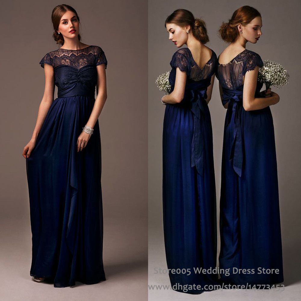 2016 Lace Chiffon Navy Blue Bridesmaid Dresses For Maid Of Honor Cap