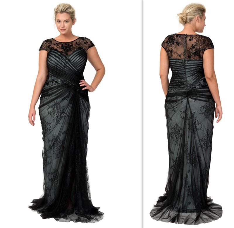 Plus Size Dresses 2015 Black Lace Cap Sleeves Sheer Evening Mother