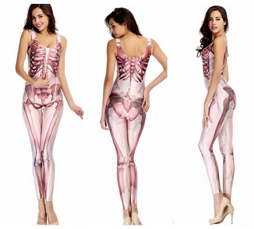 Sexy Women Jumpsuit Sugar Skull Adult Womens Halloween Skeleton Catsuit