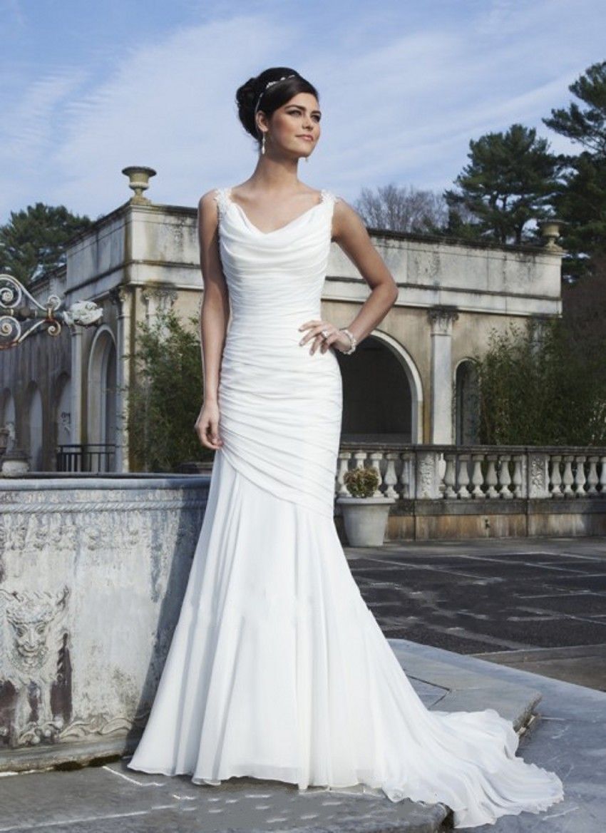 Cowl Neck Wedding Dress Mermaid Lace Straps Criss Cross Back Ruched
