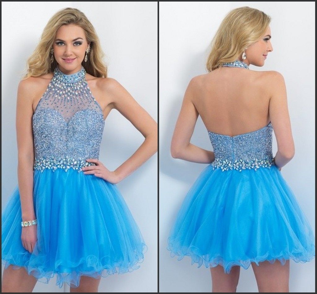 2016 Light Sky Blue Halter Neck Shiny Cocktail Dresses Sexy Back Knee