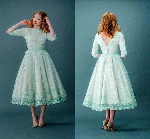 Tea Length Plus Size Prom Dresses 3 4 Sleeves Full Lace Applique A Line