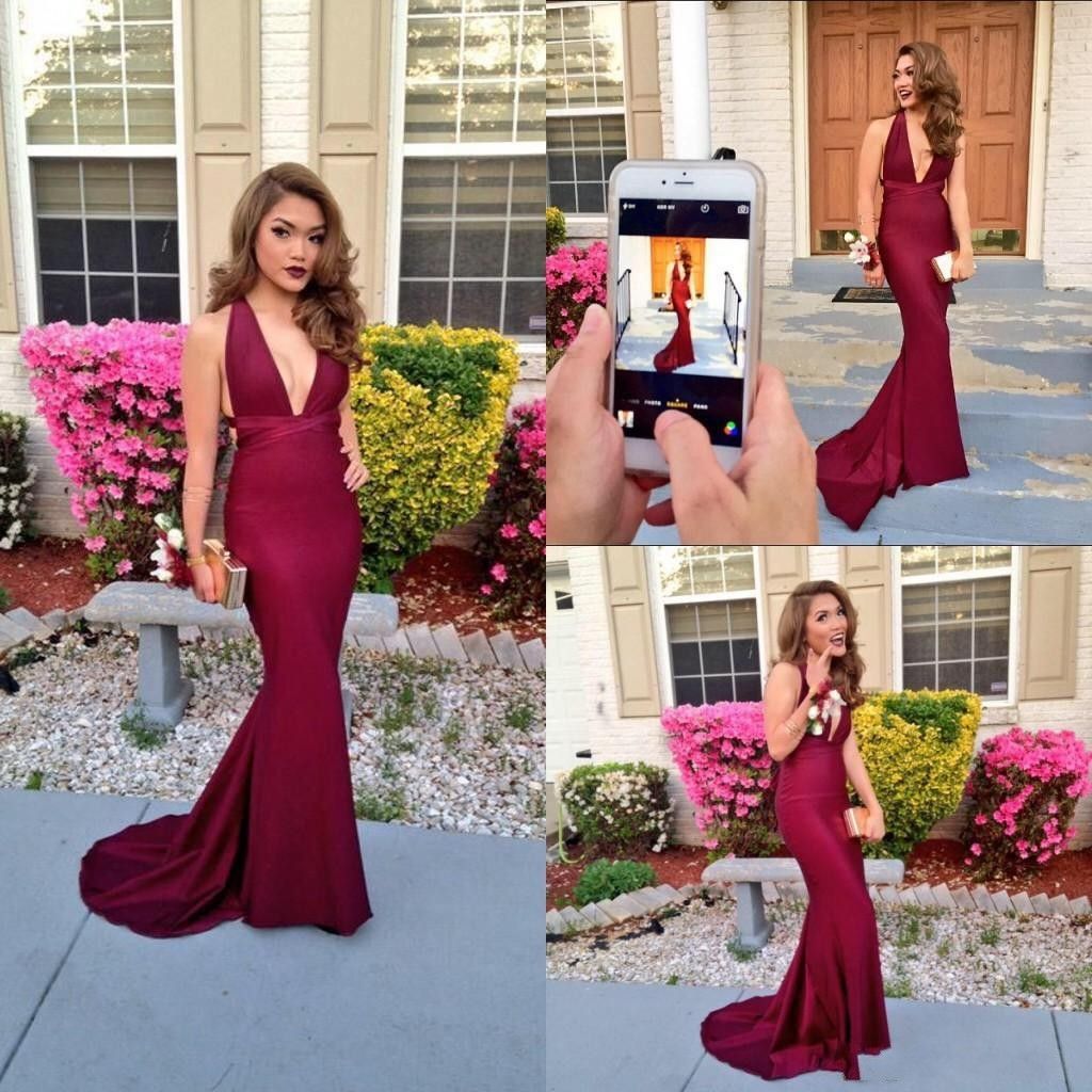 Sexy Burgundy Long Mermaid Prom Dresses 2016 Backless Satin Floor