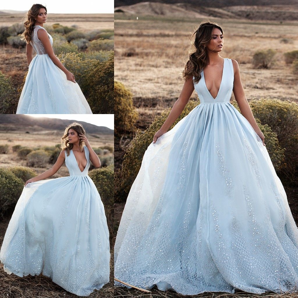 Lurelly Dusty Blue Prom Dresses Long Deep V Neck Bling Crystal Backless