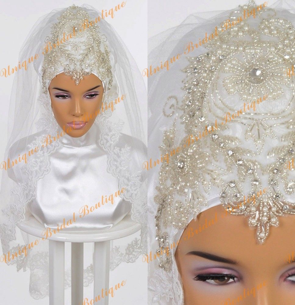 2016 Beautiful Muslim Bridal Veils With Many Beading And Pearls Real
