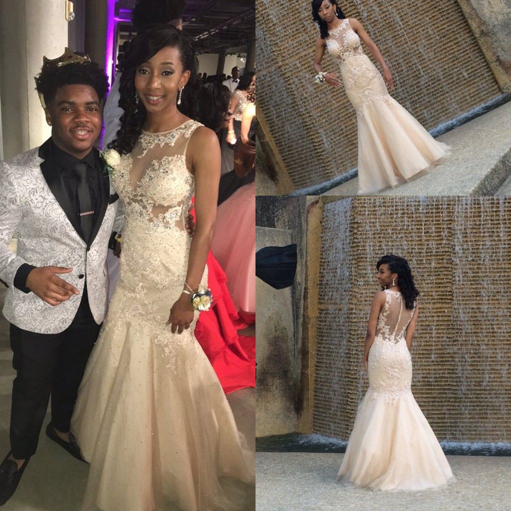 2k16 Couple Fashion Champagne Mermaid Prom Dresses Sheer Crew Neck Lace