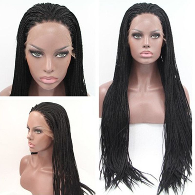 Synthetic Micro Braided Lace Front Wigs For Black Women Long Black