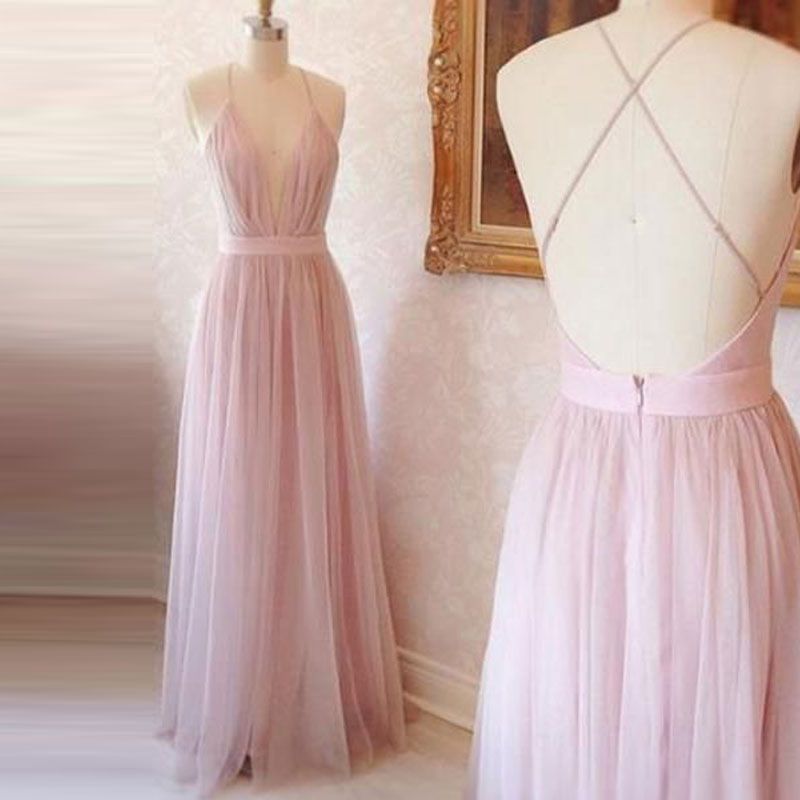 Simple 2017 Pink A Line Prom Dresses Sexy Deep V Neck Backless Long