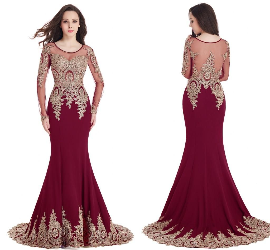 Sheer Mermaid Long Sleeves Burgundy Evening Prom Dresses 2017 Gold Lace