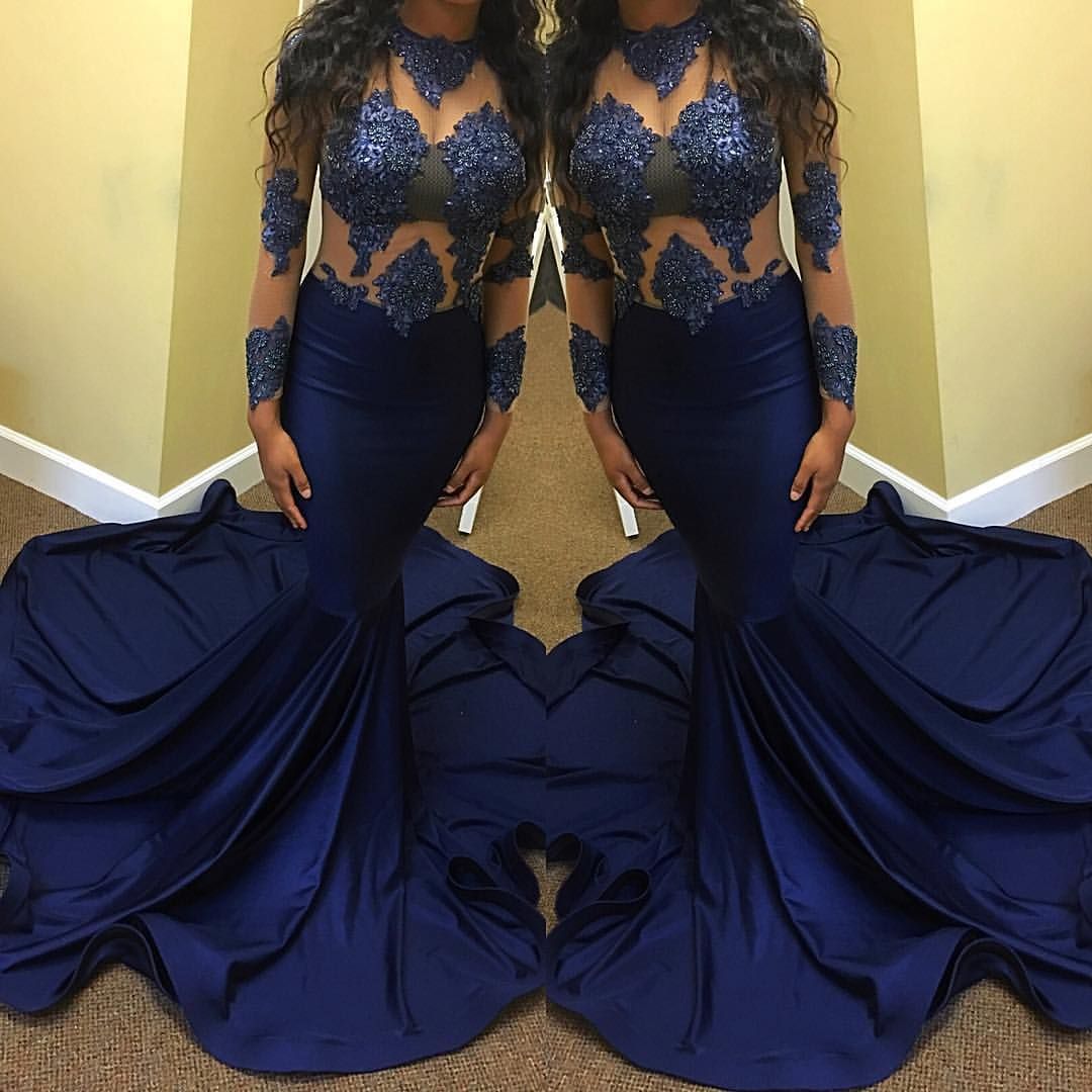Sexy Navy Blue Mermaid Prom Dress 2017 Long Sheer Lace Beaded Top Long