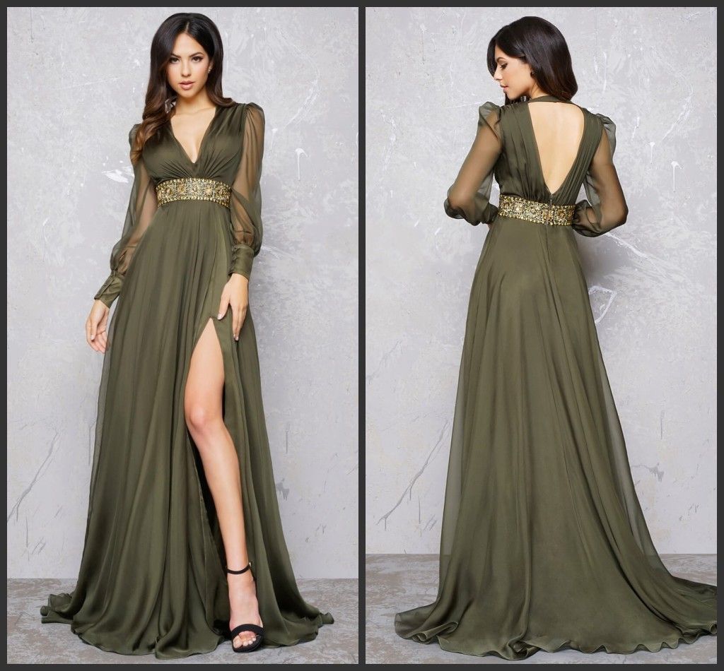 Long Sleeve Evening Dresses V Neck Backless Sexy Iullsion Bodice Sexy