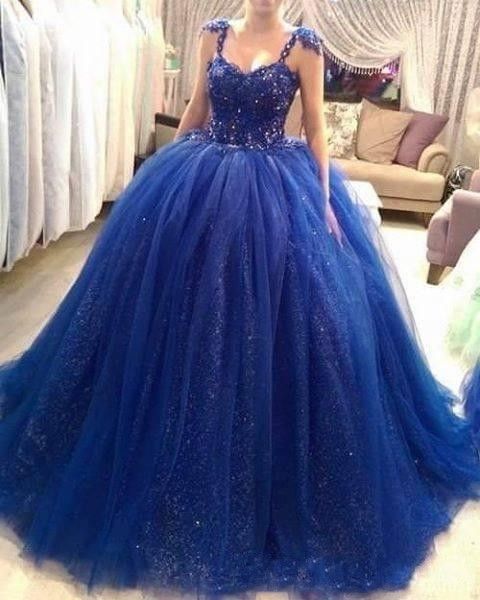 2017 Royal Blue Ball Gown Quinceanera Dresses Straps Spaghetti Cap