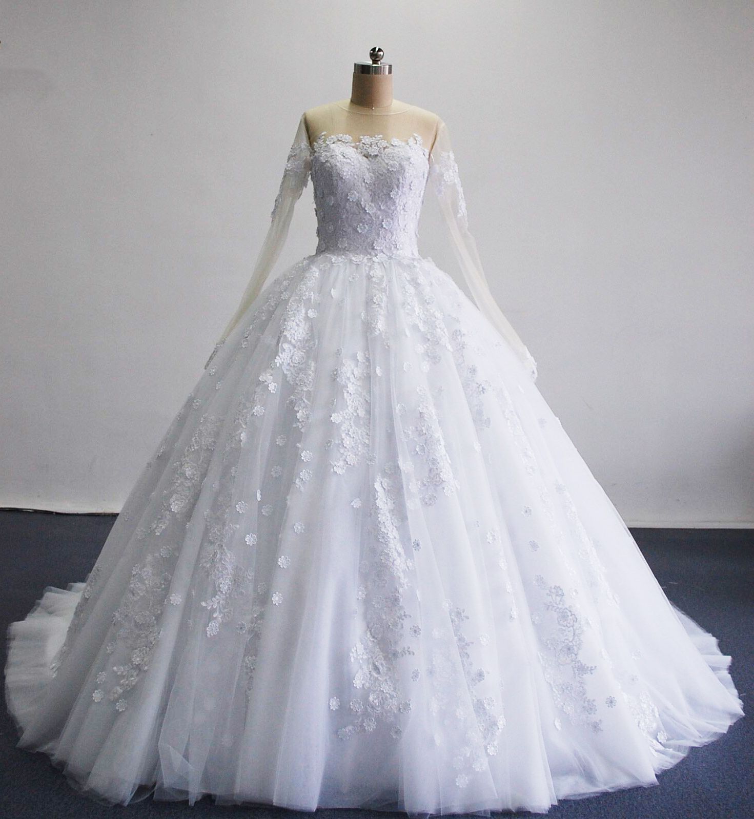 3d Floral Appliques Wedding Dresses Illusion Sheer Neck Long Sleeves