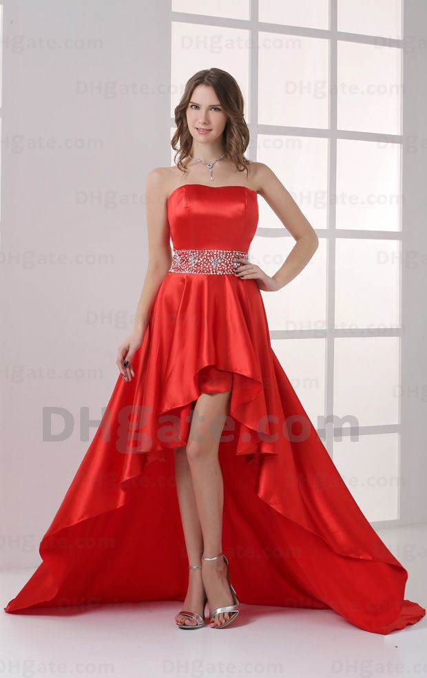 2015 Sexy Red Hi Lo Strapless Prom Dresses Elastic Satin Beaded Sweep