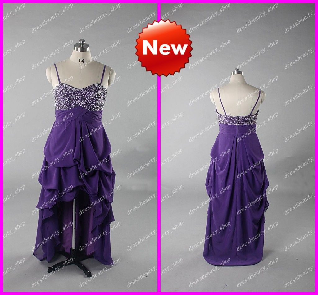 Purple Plus Size High Low Prom Dresses Chiffon Spaghetti Beaded Shiny Sequins Sexy Ruffles