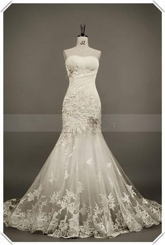 Elegant Sexy Mermaid Wedding Dresses Pleat Appliques Beads Lace Organza