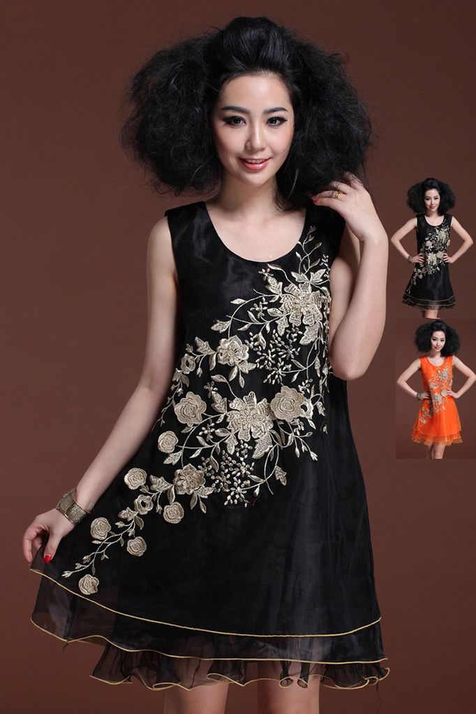 2013 Women Sex Print Dress Flower Girl Party Evening Dresses Gold Thread Embroidery Spring