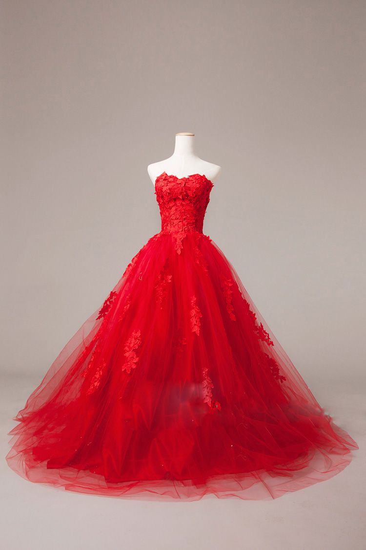 New Fashion Lady Red Ball Gown Wedding Dresses Applique Organza Chapel