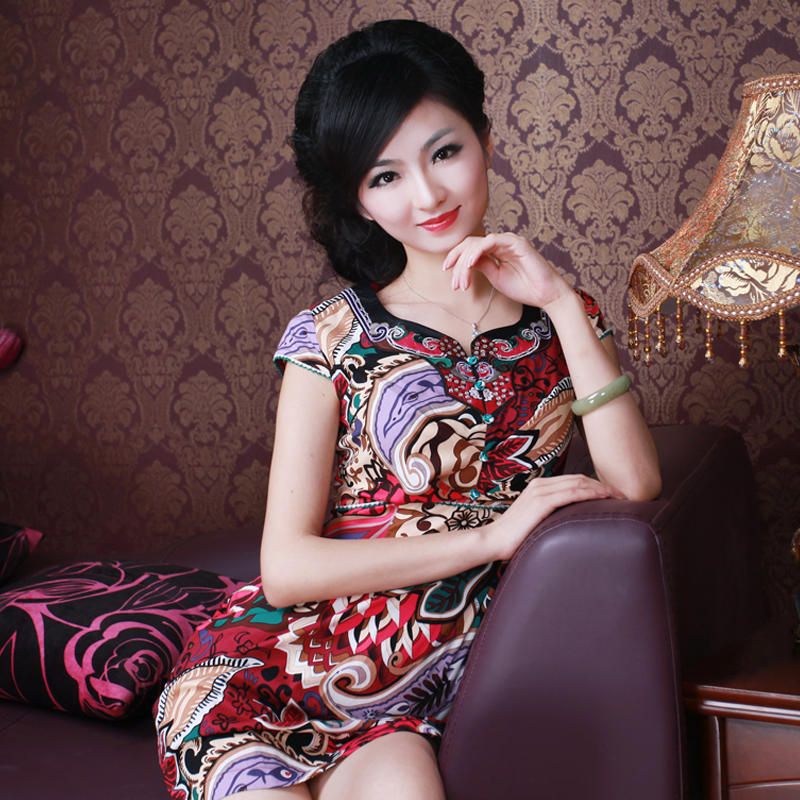 Hot Sale Women Cotton Slim Sexy Chinese Cheongsam Mini Skirt No Slits