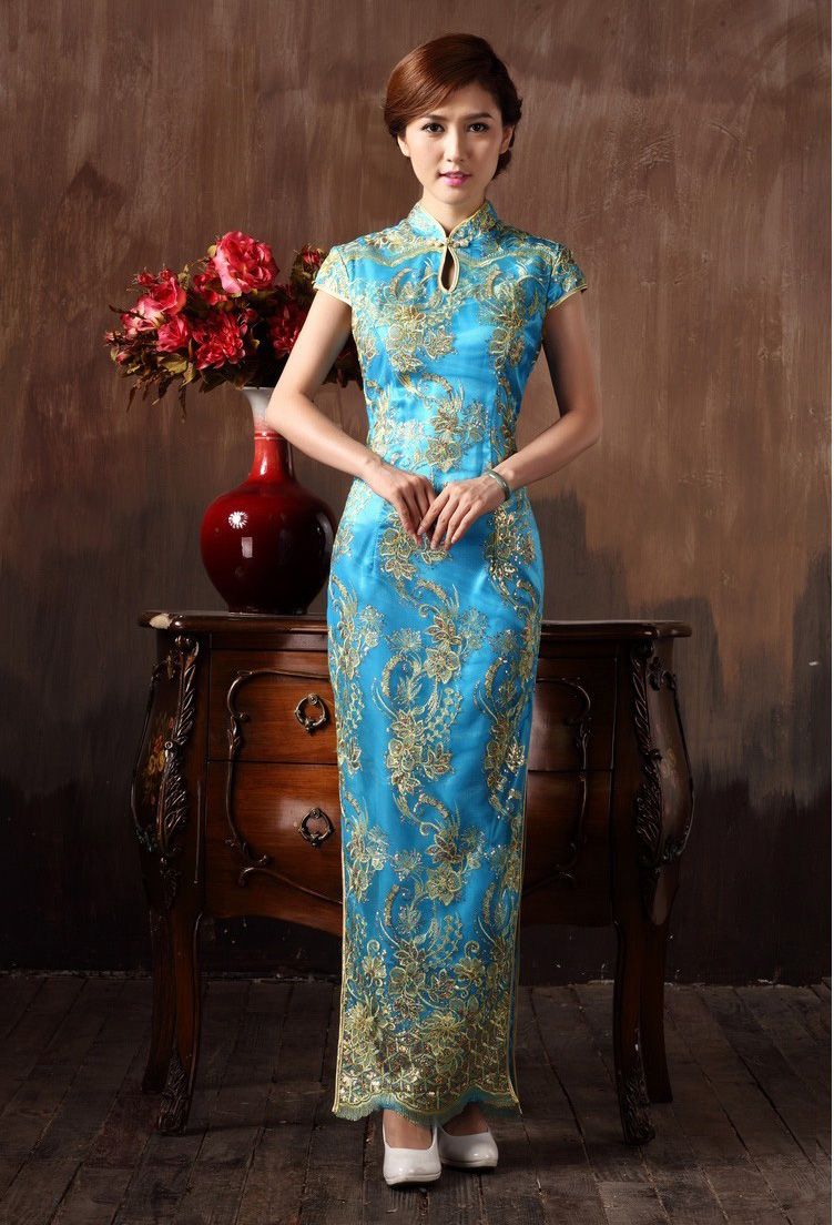 Chinese Cheongsam Wedding Dresses Long Lace Flowers Embroidery High Slit Slimming Cheongsam
