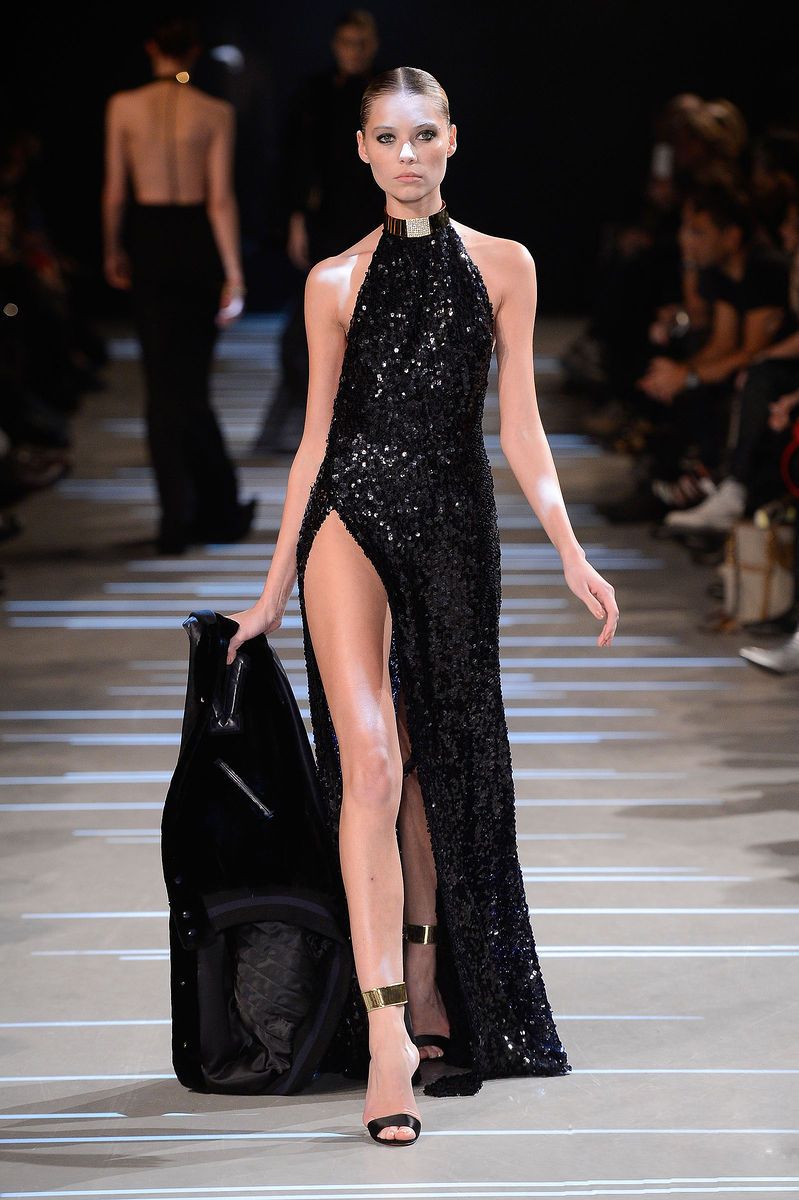 Very Sexy Designer Evening Gown Shiny Black Sequin Fitted Halter Top Backless High Side Slit