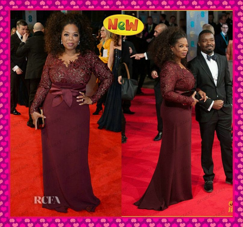 2014 Oprah Winfrey Burgundy Lace Plus Size Wedding Evening Dresses V Neck Sheer Long Sleeves Bow