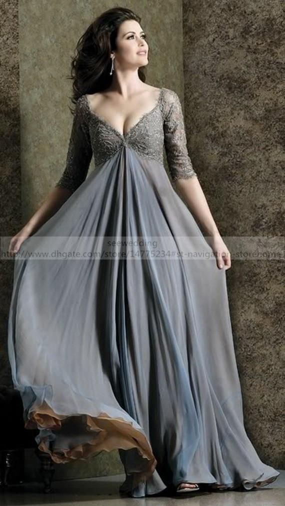 Custom Grey Maternity Formal Dresses Evening Empire Waist V Neck Lace