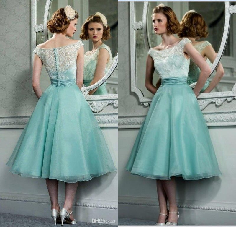 1950s Vintage Hepburn Tea Length Cocktail Dress Off Shoulder Mint Green