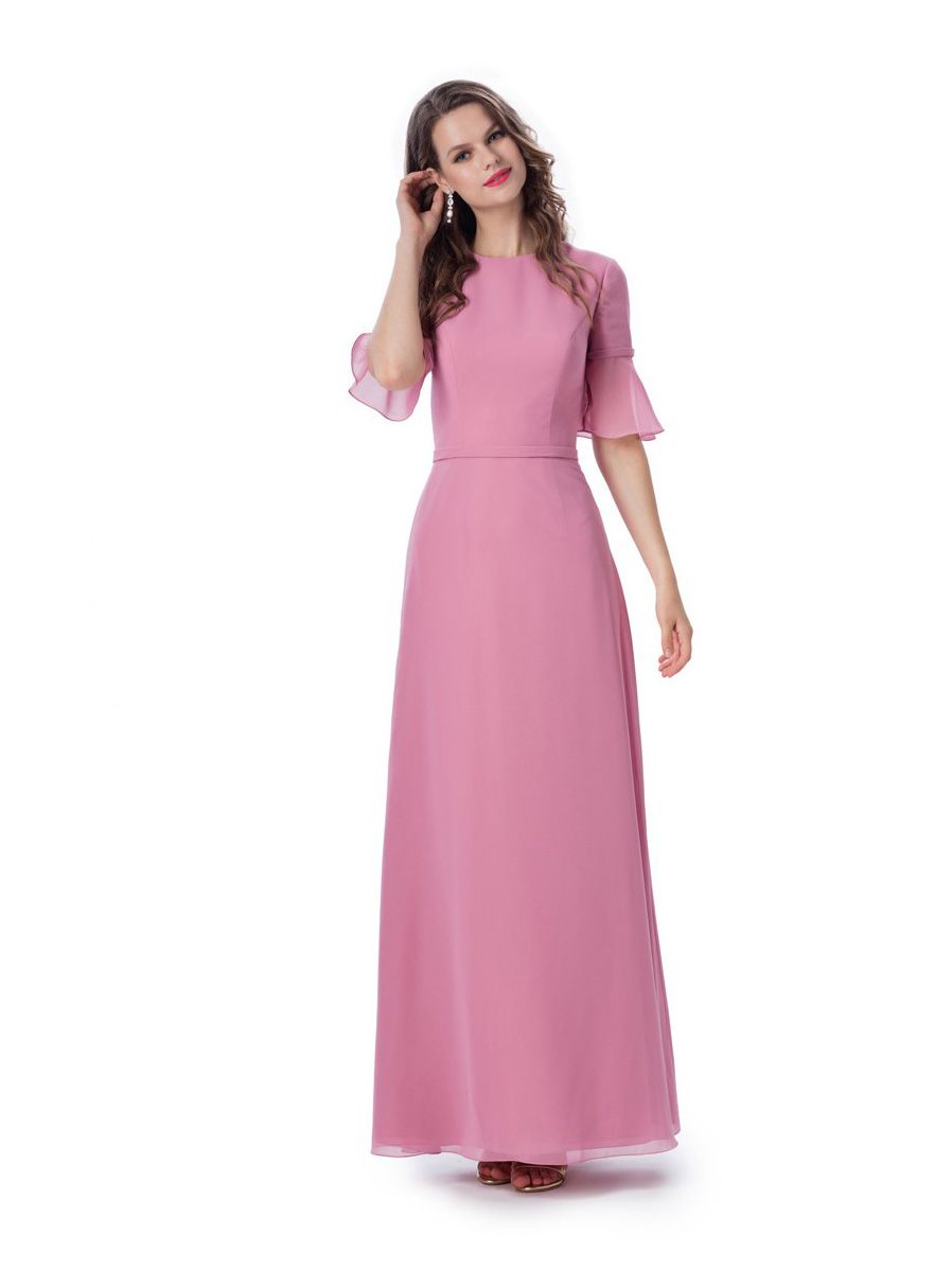 Pink A Line Chiffon Modest Bridesmaid Dresses With Bell Sleeves Floor