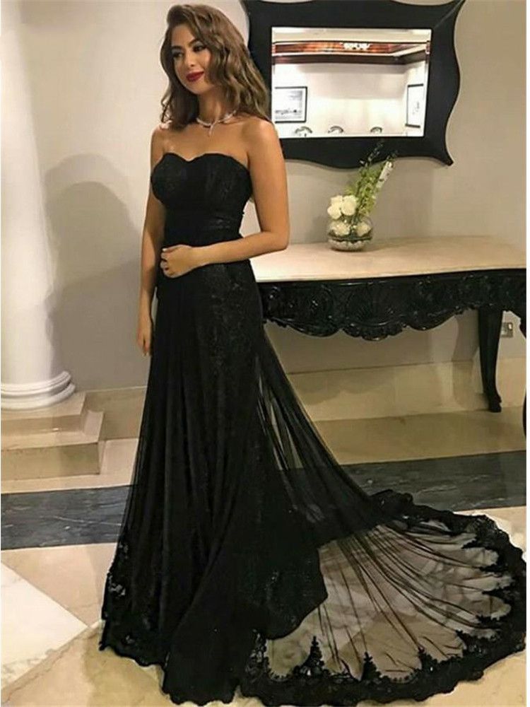 2020 Black Mermaid Evening Dresses Long With Lace Appliques Sweetheart