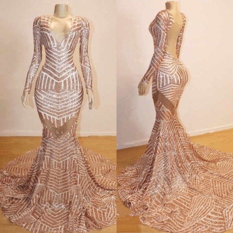 Sparkly Rose Gold Mermaid Long Sleeve Prom Dresses 2020 Modest V Neck