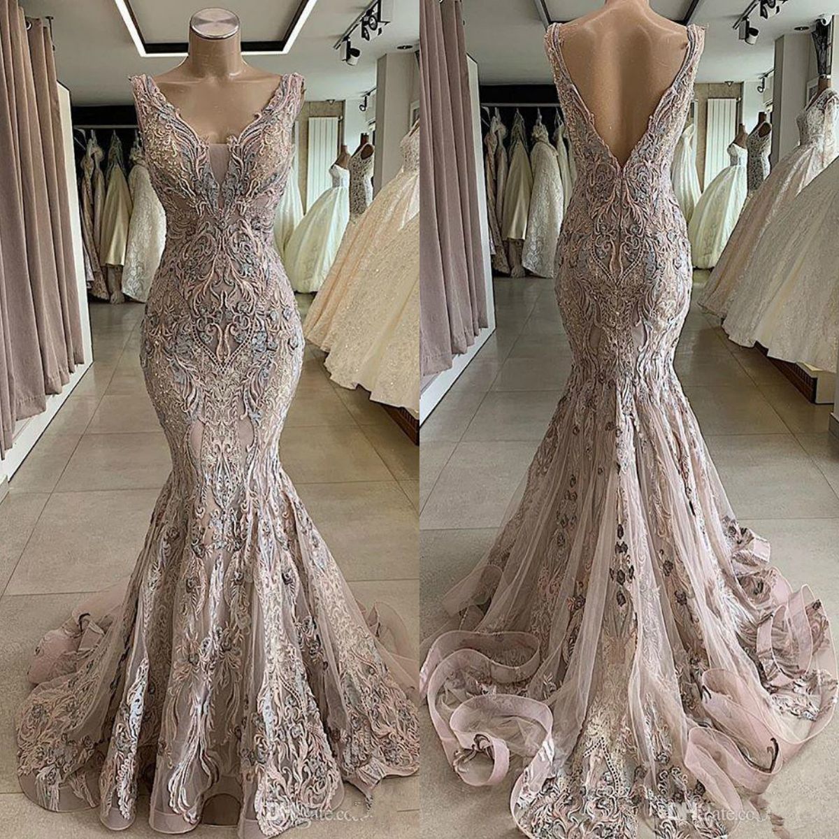 2020 Latest Lace Beaded Mermaid Prom Dresses Deep V Neck Appliqued