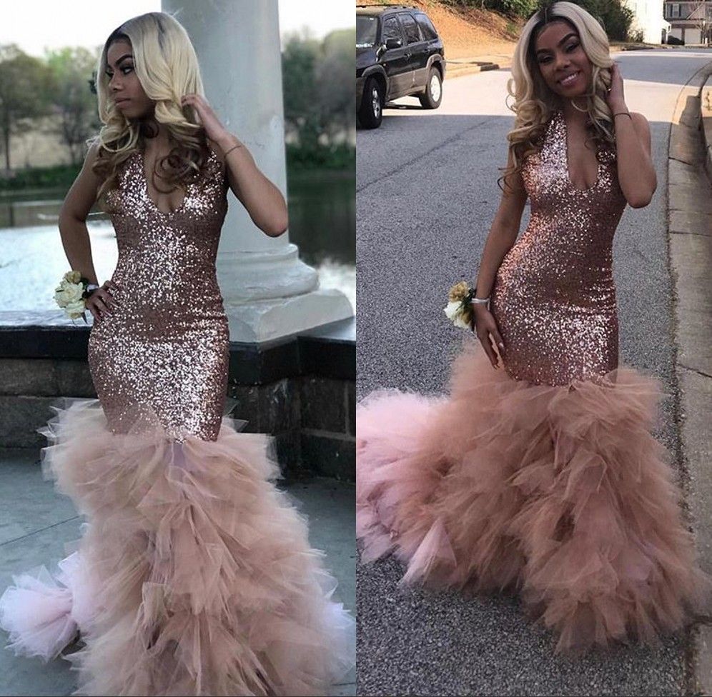 Vestido De Gala Sexy Black Girls Mermaid Rose Gold Prom Dresses