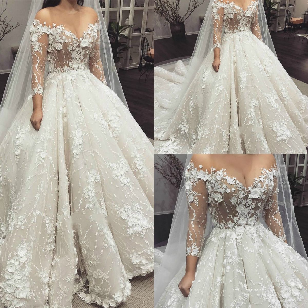 Luxury 3D Floral Appliqued Lace Wedding Dresses Long Sleeve Sheer Neck ...