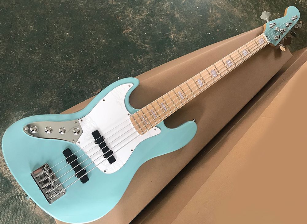 Blue Left Handed 5 Strings Electric Bass Guitar With Active Circuitmaple Fretboard With Block