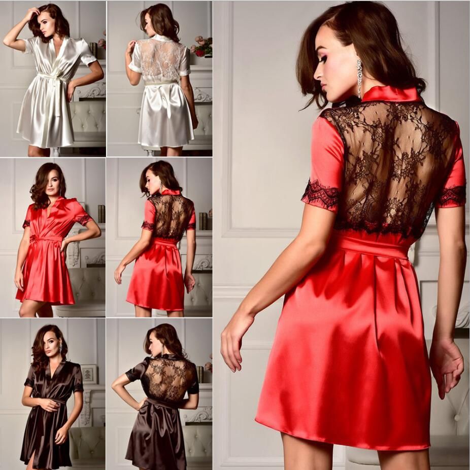 3 Pecs Sexy Lace Pajamas Women Summer Nightdress Short Sleeve Silk ...