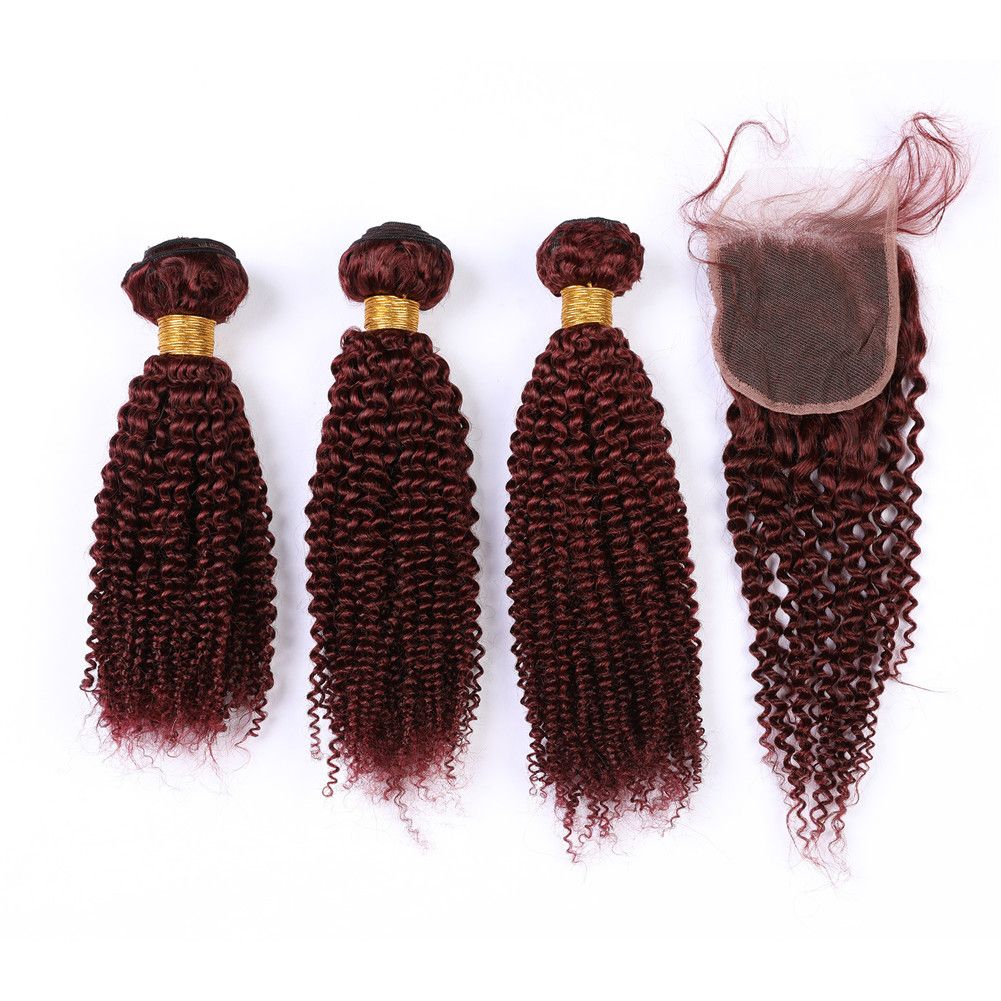 #99J Burgundy Red Hair Bundles And Closure Kinky Curly Lace Closure ...