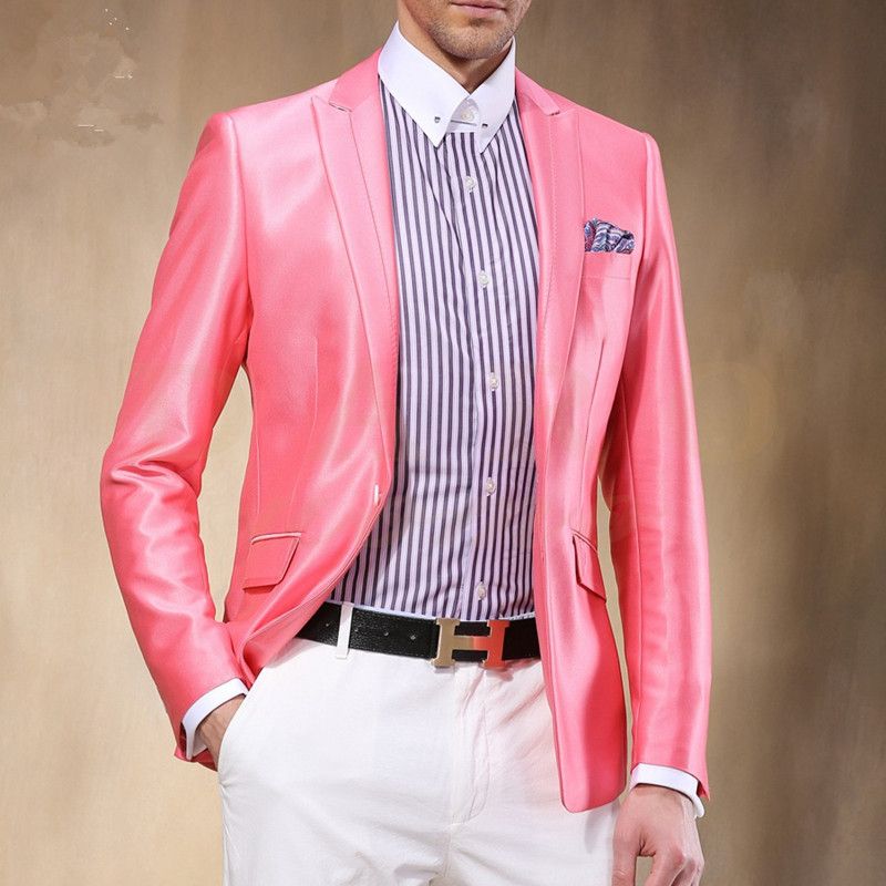 High Quality One Button Hot Pink Groom Tuxedos Peak Lapel Men Suits