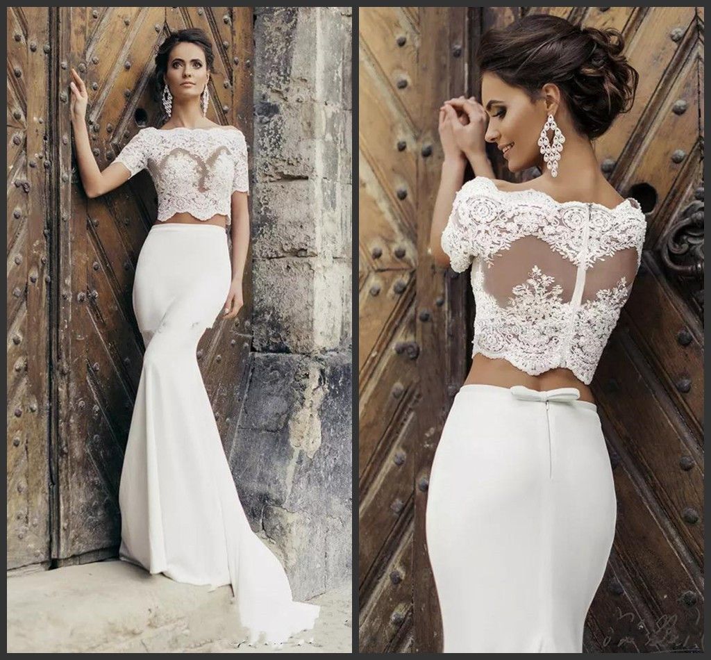2022 New Mermaid Wedding Dresses Two Pieces Train Dress Pearls Buttons