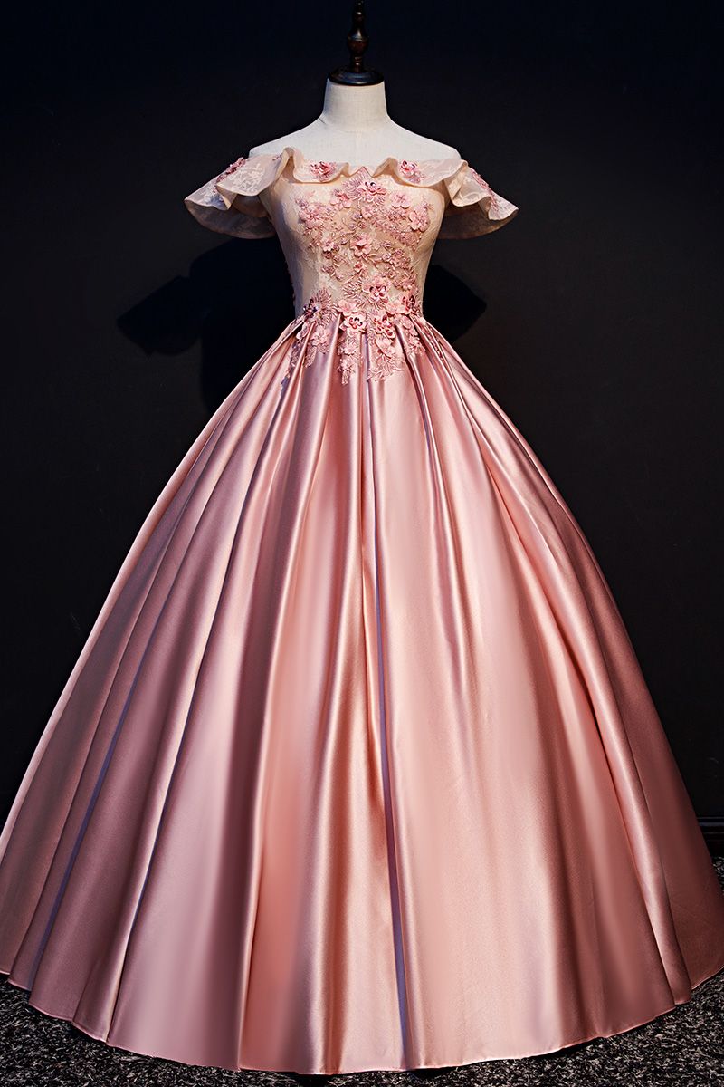 Pink Ruffled Slash Collar Embroidery Royal Vintage Ball Gown Medieval