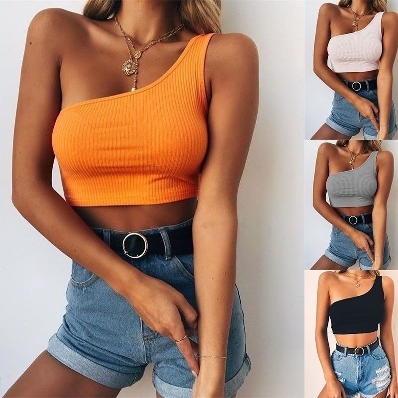 Best Fashion Women One Shoulder Sexy Crop Tops Sleeveless Low Cut