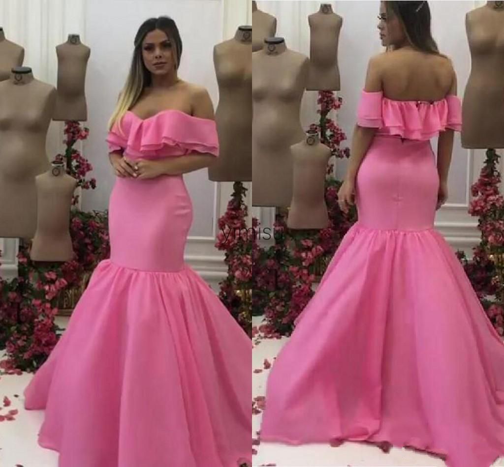 Hot Pink Mermaid Prom Dresses Off Shoulder Ruffles Sweep Train Long ...