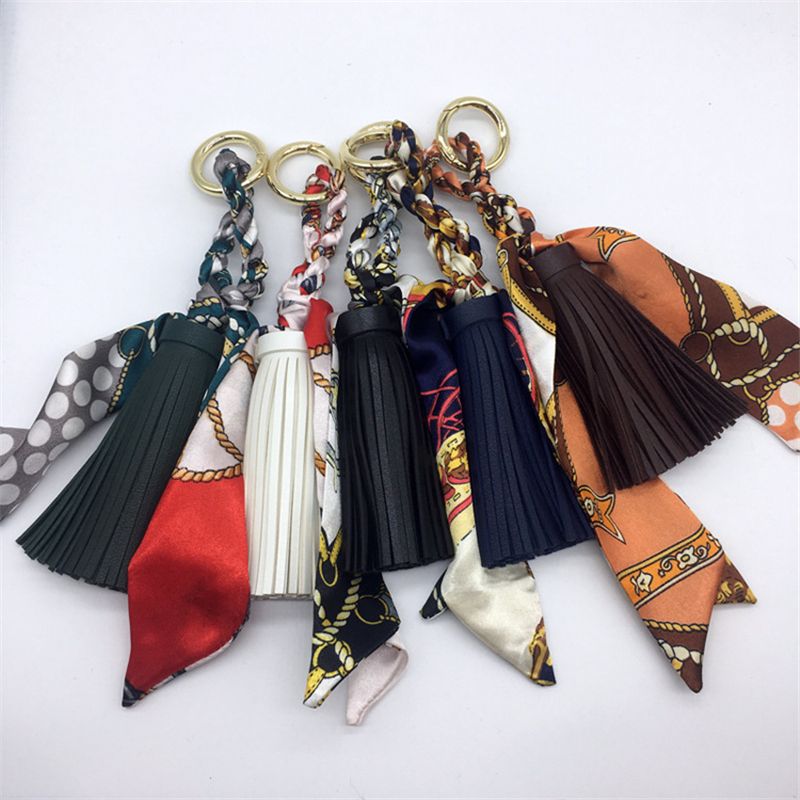 2021 Women Luxury Keychains Scarf PU Leather Tassel Car Key Chain Ring ...