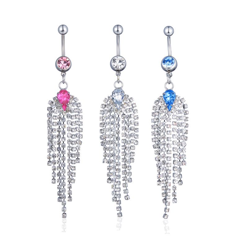 Trendy Long Tassel Belly Button Ring With Rhinestone Round Pendant